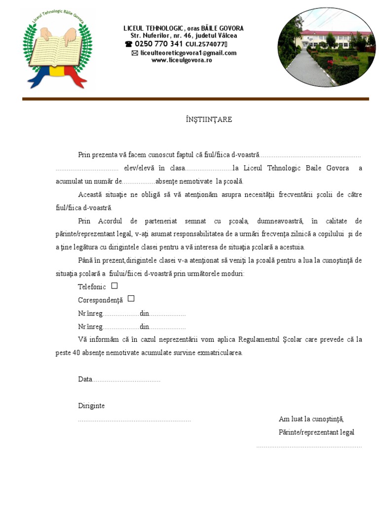 Model Instiintare Absente | PDF