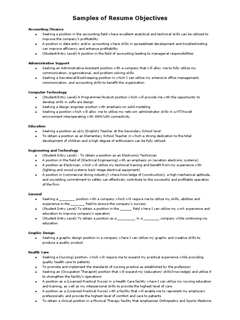 Samples of Resume Objectives PDF | PDF