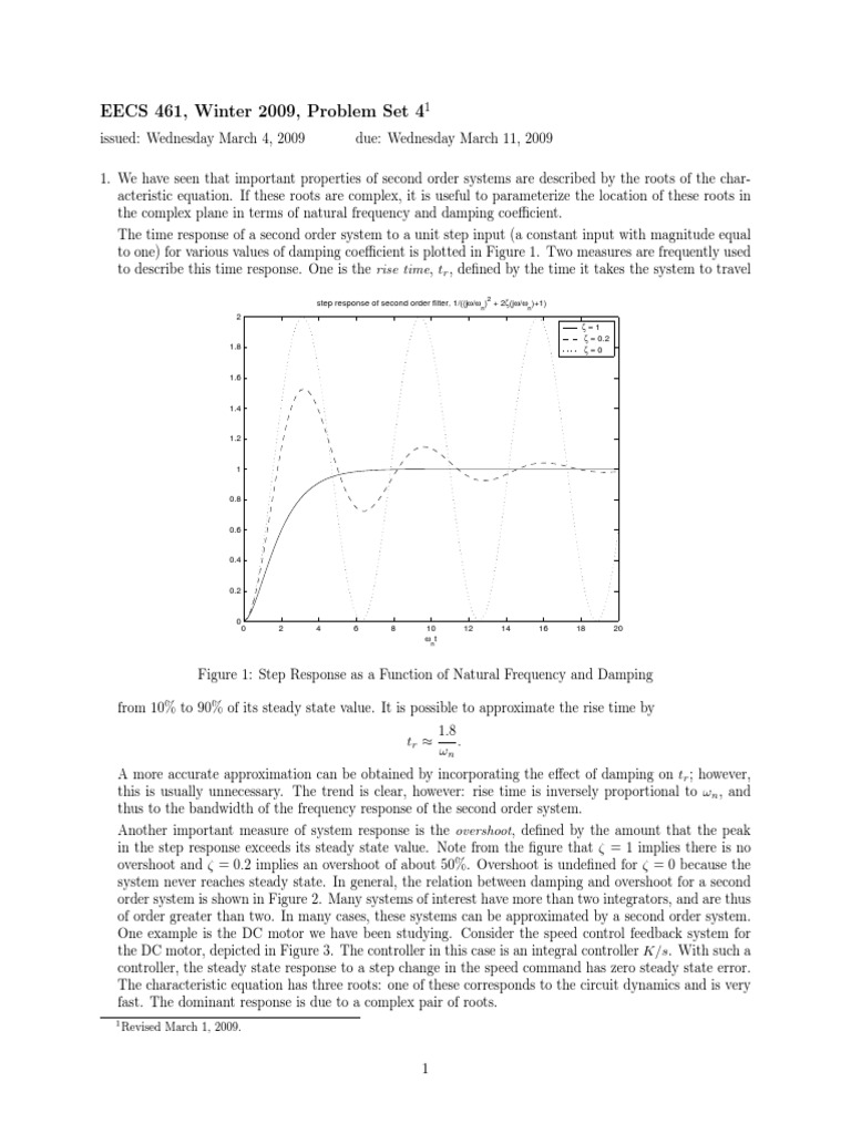 EECS 461, Winter 2009, Problem Set 4: 2 Step Response of Second Order Filter, 1/ ( (J /) + 2 (J ...