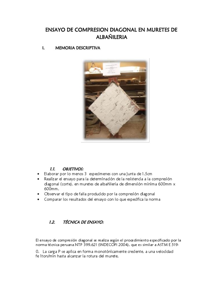 Ensayo de Compresion Diagonal en Muretes de | PDF | Ladrillo | Albañilería