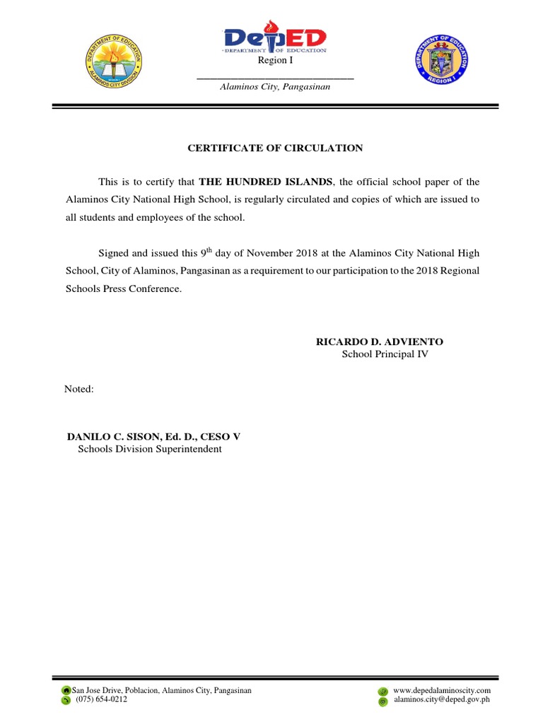 Alaminos City National High School Certificate of Circulation | PDF ...