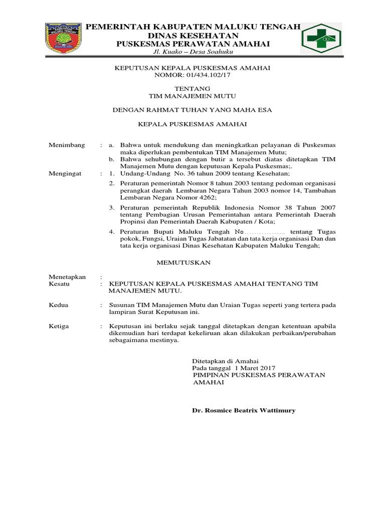 Contoh SK Tim Manajemen Mutu | PDF