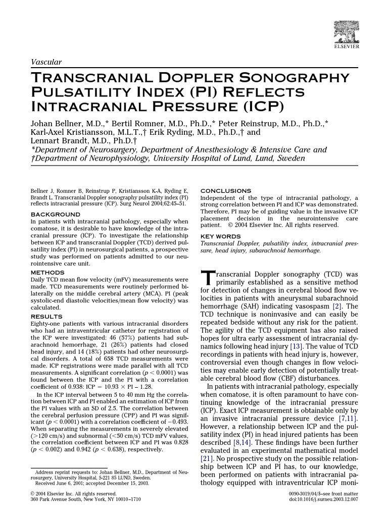 Transcranial Doppler Sonography Pulsatility Index (PI) Reflects ...
