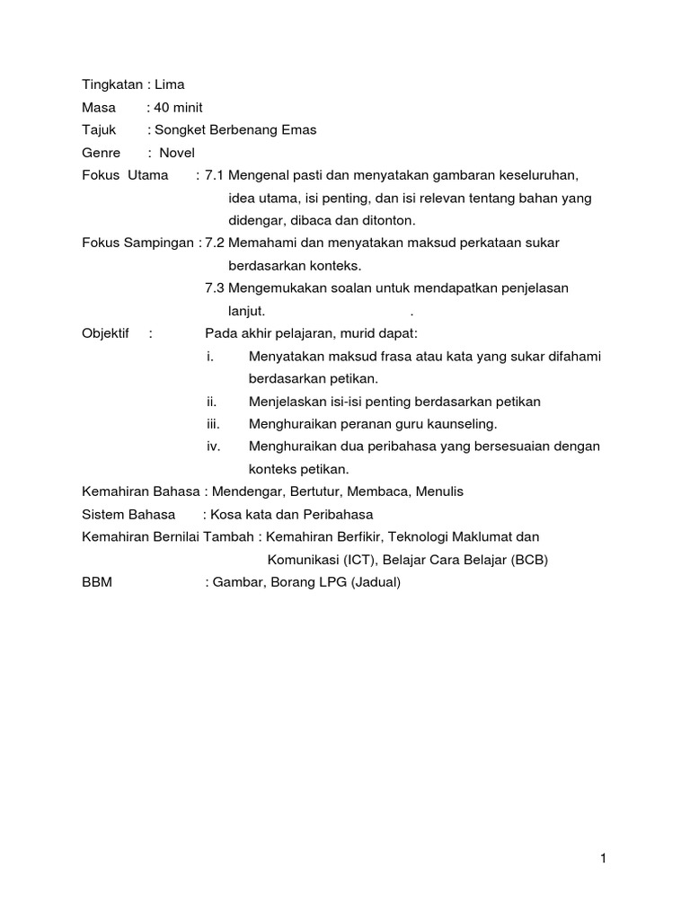 Modul Pengajaran Novel Songket Berbenang Emas | PDF