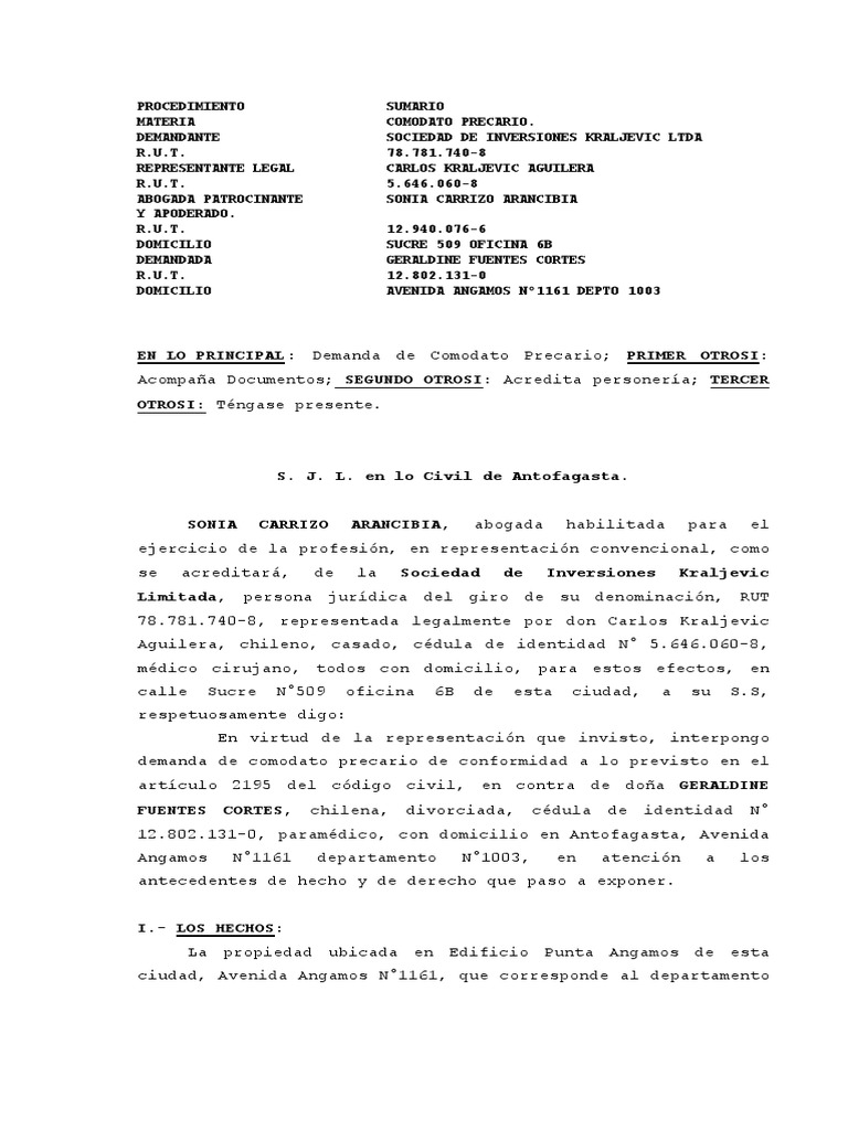 Demanda de Comodato Precario en Chile | PDF | Gobierno | Justicia