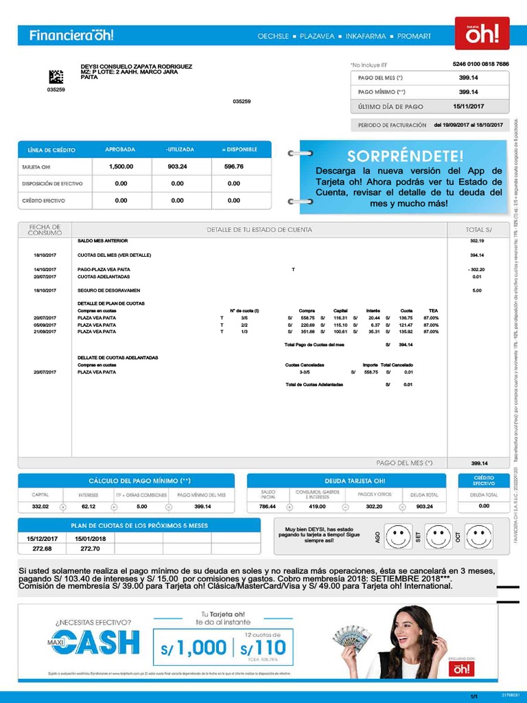 Estado de cuenta mensual de tarjeta de crédito con detalles de compras, pagos, saldos y plan de ...