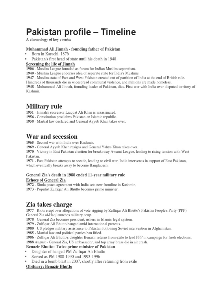 Pakistan Profile - Timeline: Military Rule | PDF | Benazir Bhutto ...
