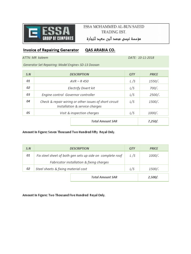 Invoice of YANBU GEN SET DOOSAN PDF | PDF | Nature