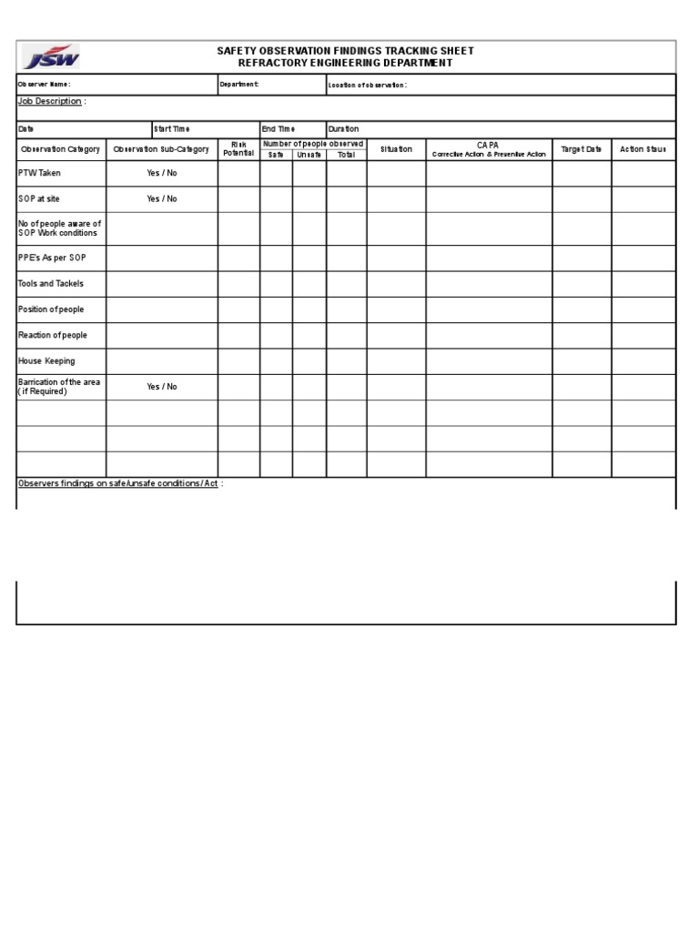 Safety Observation Formate - 01 | PDF
