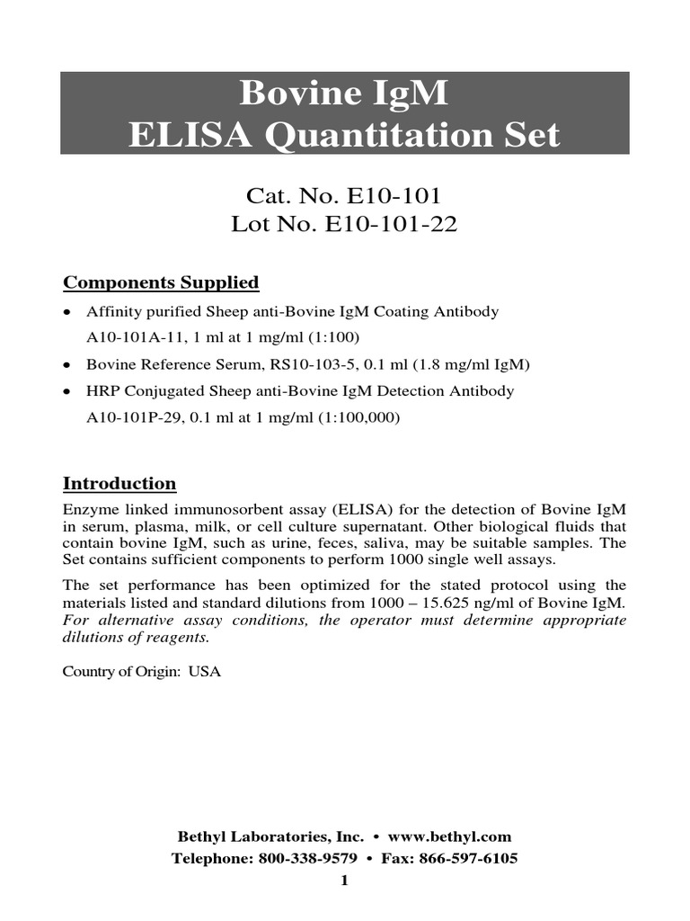 Bovine Igm Elisa Quantitation Set: Cat. No. E10-101 Lot No. E10-101-22 ...