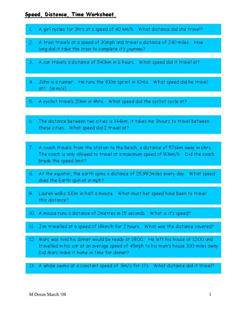 Speed Distance Time Worksheet PDF | PDF | Speed | Physical Quantities