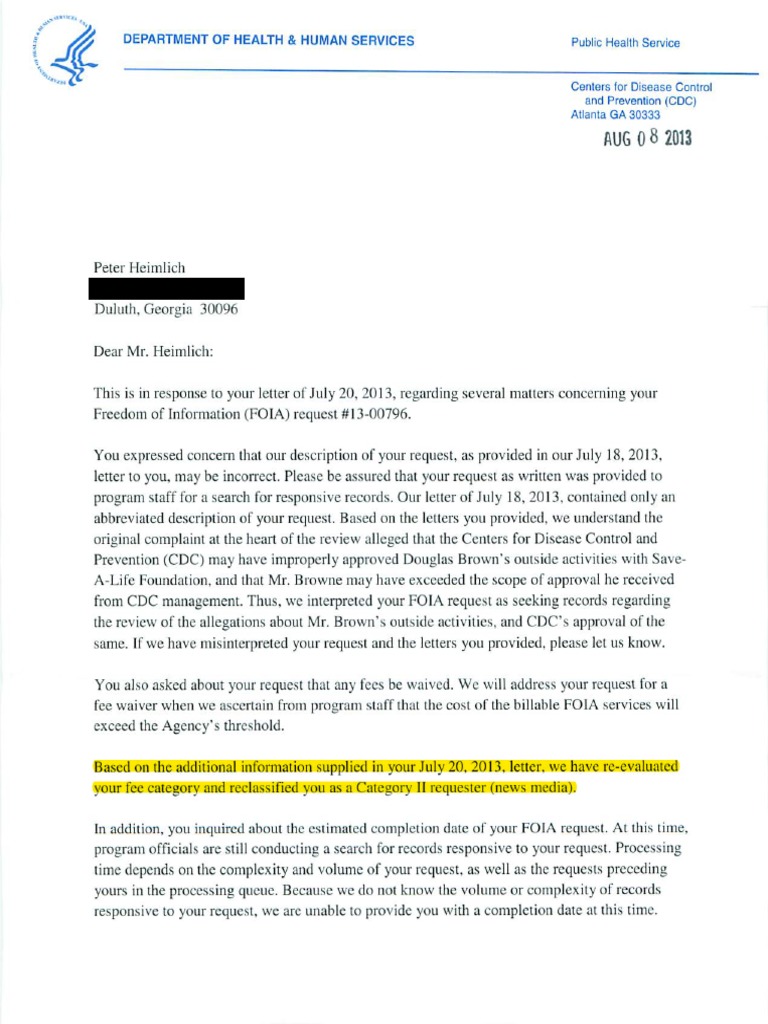 8/8/13 HHS FOIA Response Letter Classifying Me As A Member of The News ...