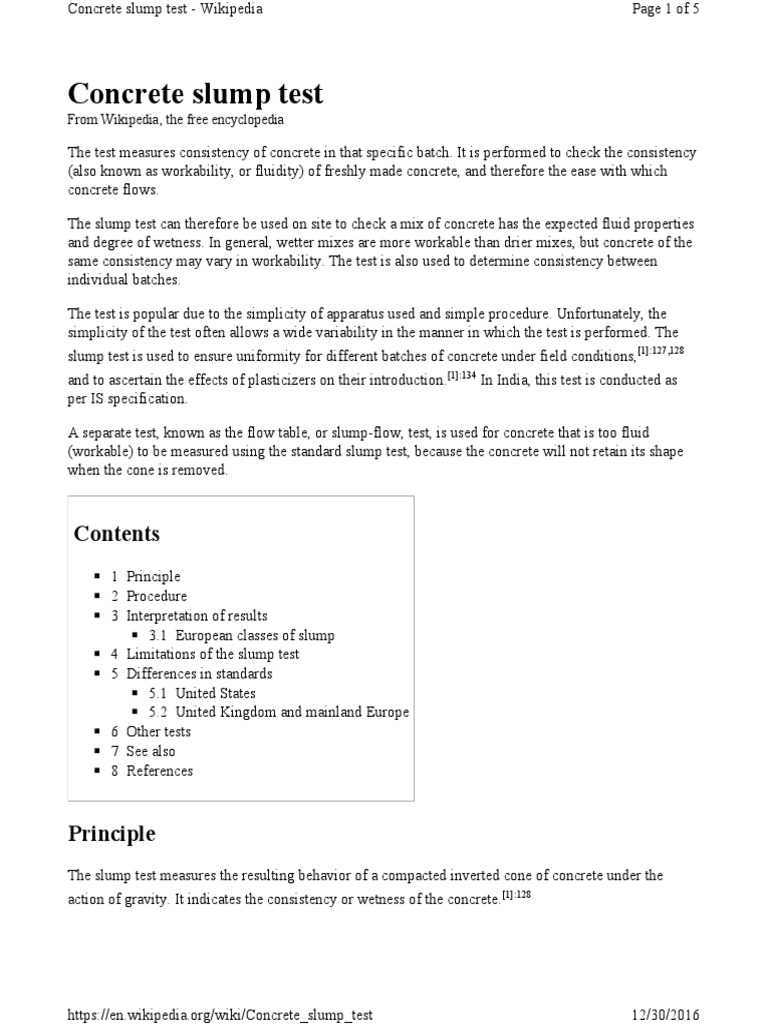 Concrete Slump Test: From Wikipedia, The Free Encyclopedia | PDF ...