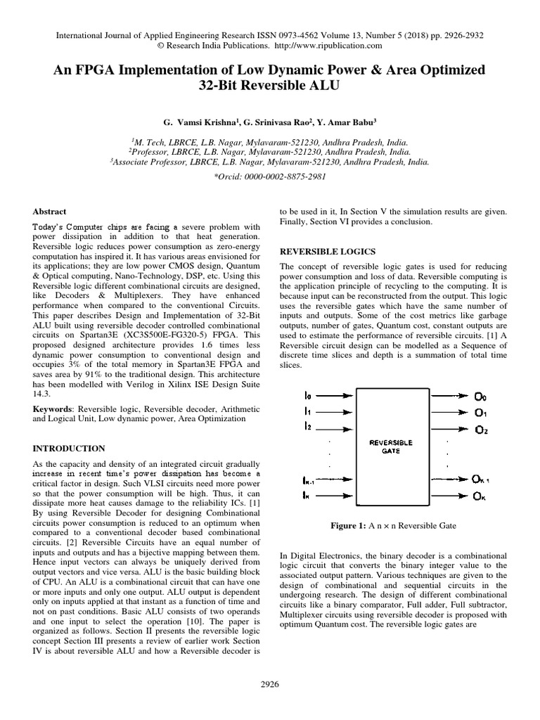 An FPGA Implementation of Low Dynamic Power & Area Optimized 32-Bit Reversible ALU | PDF | Logic ...