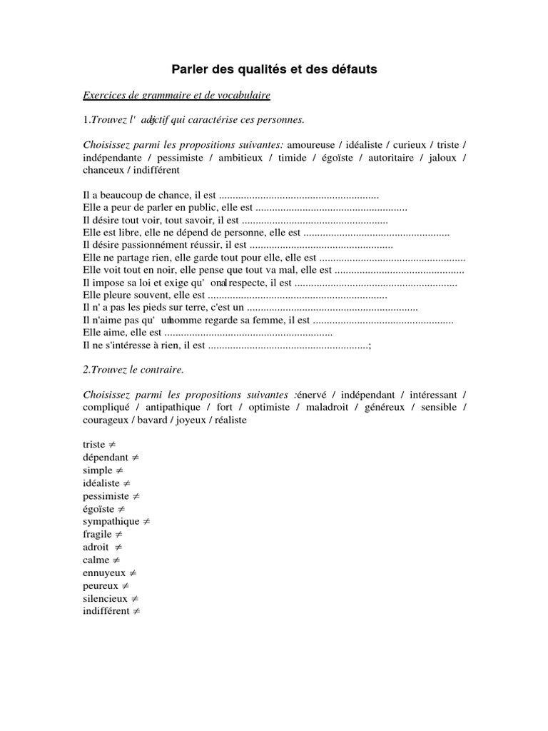 Qualités et défauts : exercices FLE | PDF | Genre grammatical