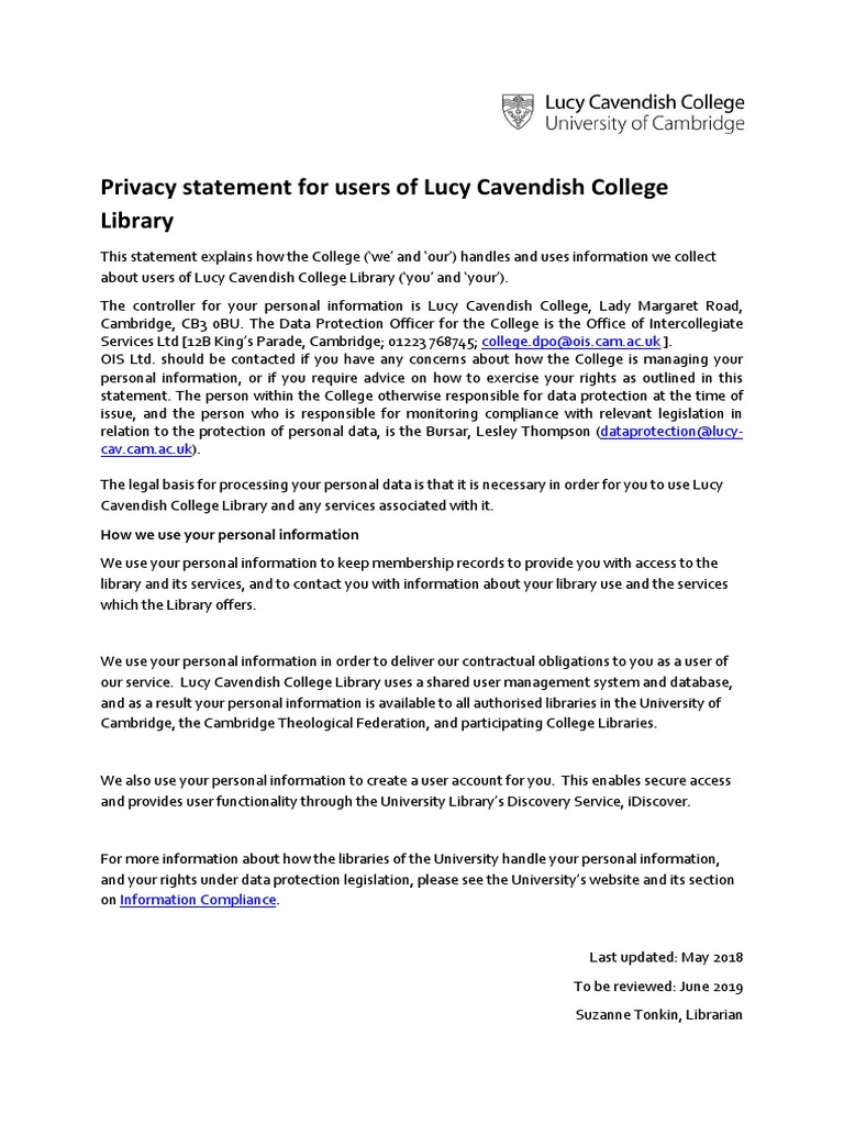 Lucy Cavendish Library Privacy Notice | PDF | Personally Identifiable ...
