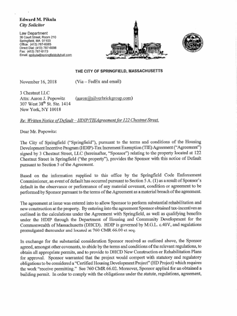 Springfield Default Letter To SilverBrick | PDF