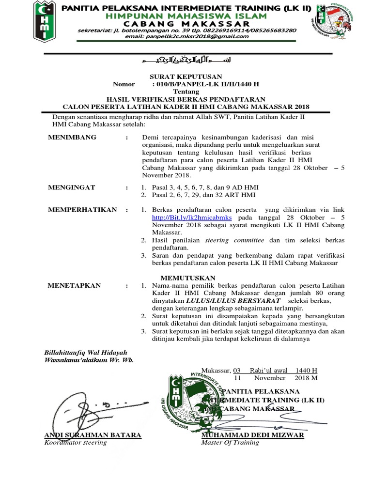 SK Kelulusan Lkii Hmi Cabang Makassar | PDF