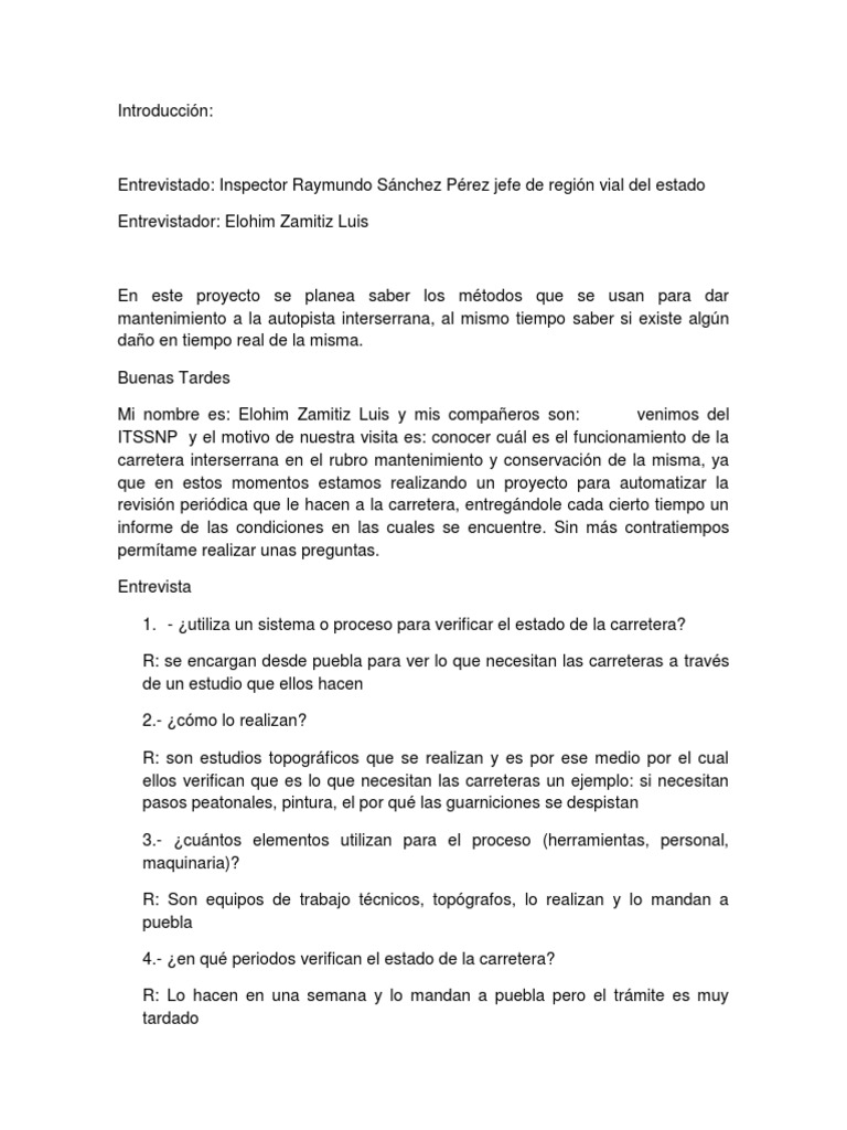Entrevista de Carretera | PDF | La carretera | Transporte