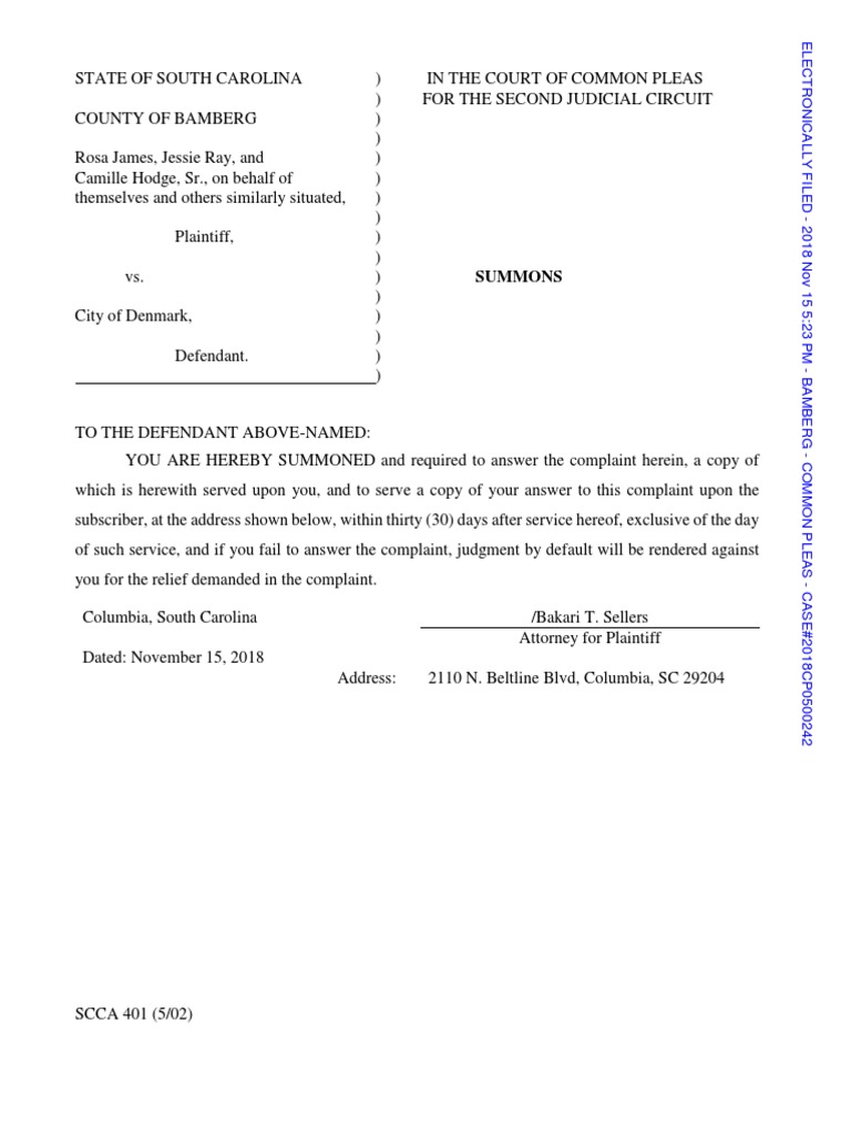 Class Action Lawsuit Summons vs. The City of Denmark, SC For Its ...