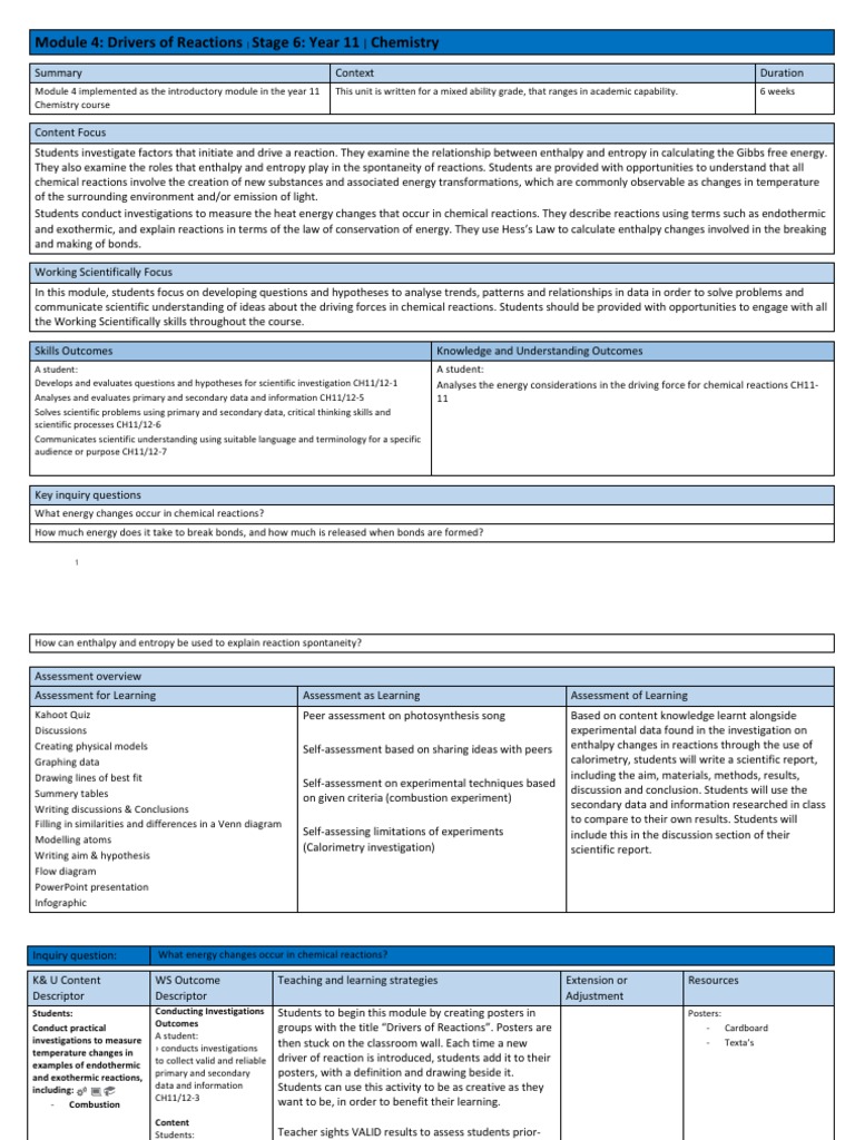 Curriculum 2b Chemistry Assignment 1 Unit Plan Final PDF | PDF ...