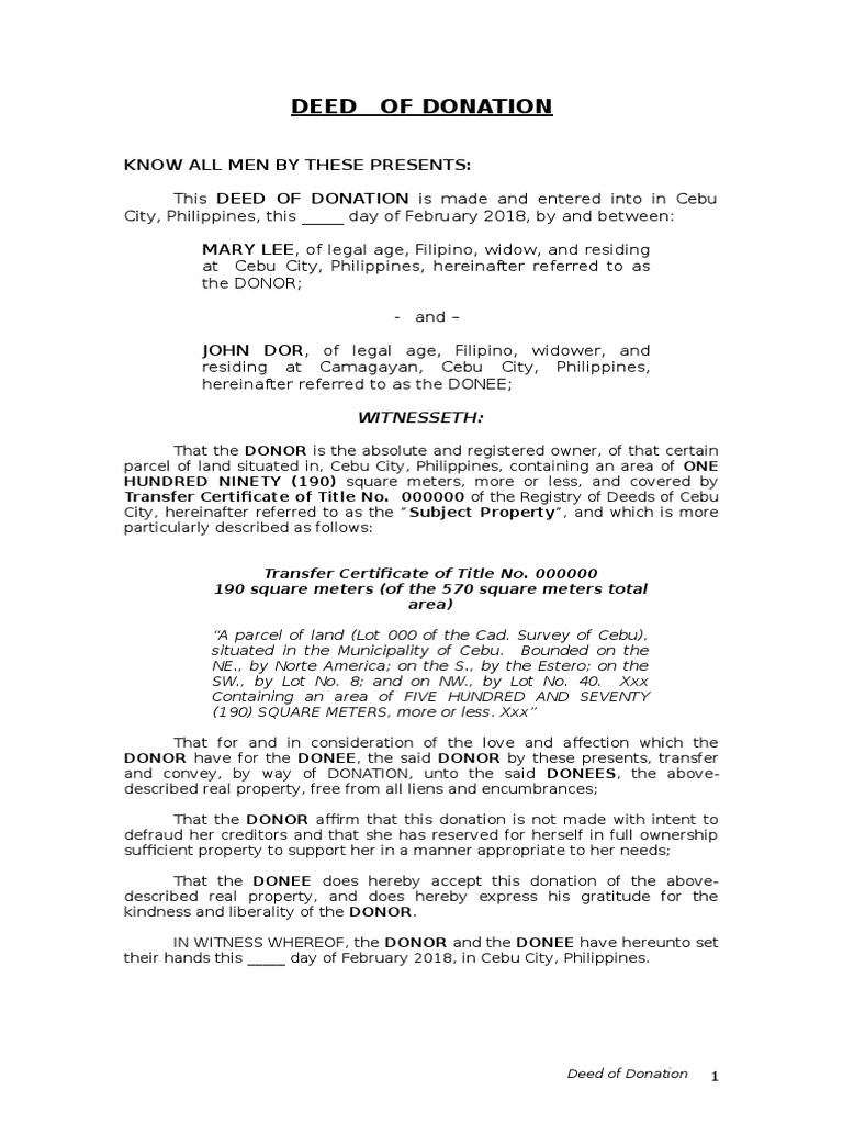 Deed of Donation | PDF | Deed | Land Lot