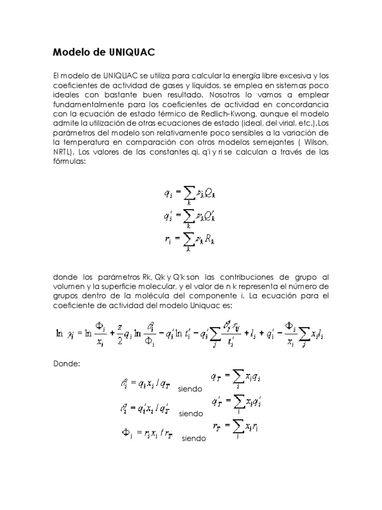 Modelo de Uniquac y Unifac | Termodinámica | Física Aplicada e ...