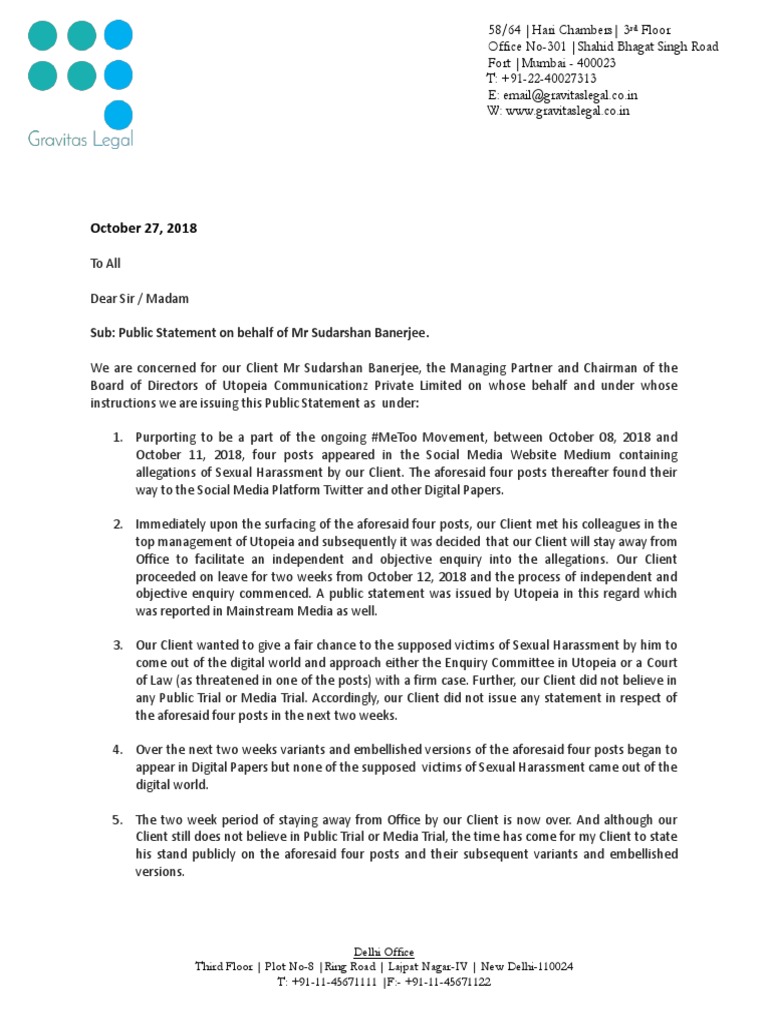 Public Statement - Sudarshan Banerjee | PDF | Misconduct | Public Sphere