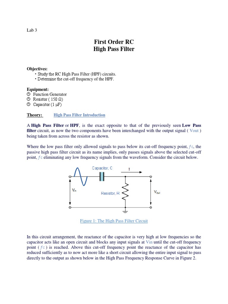 First Order RC High Pass Filter: Objectives | PDF | Electronic Filter ...