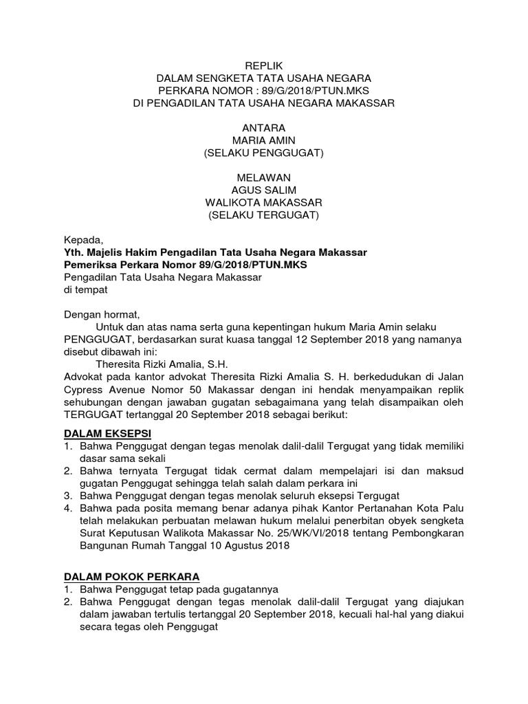 Replik Penggugat dalam PTUN Makassar | PDF