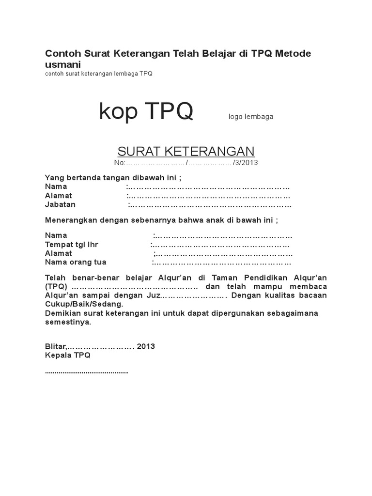 Contoh Surat Keterangan Telah Belajar Di TPQ Metode Usmani | PDF
