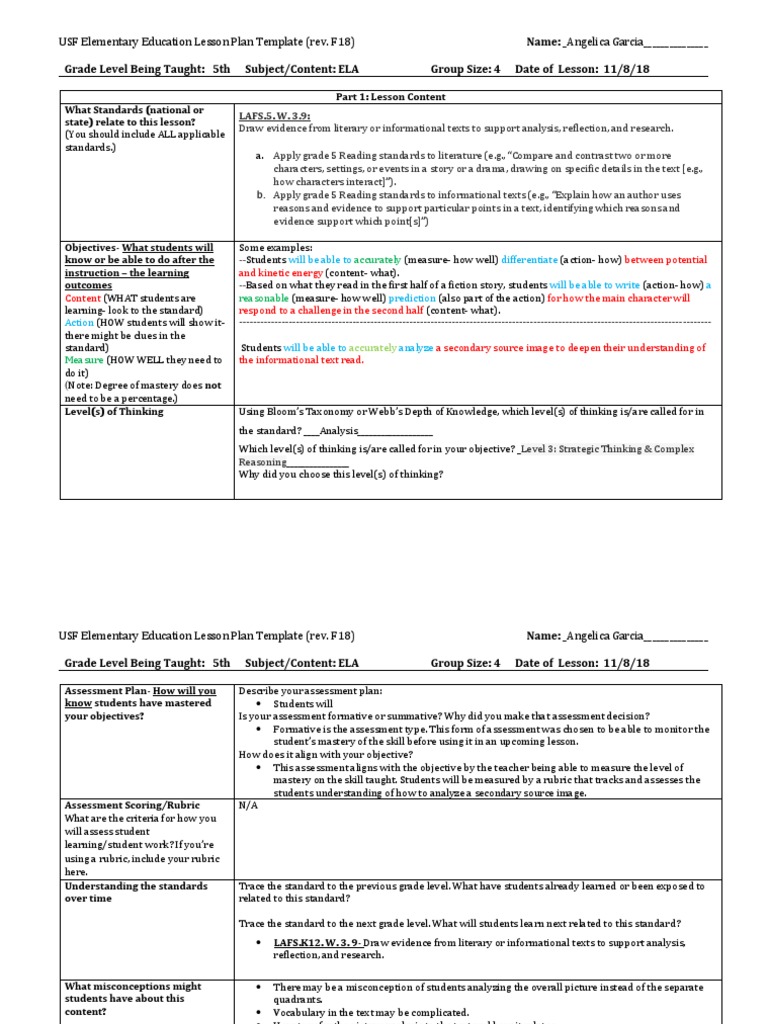 Name: - Angelica Garcia - Grade Level Being Taught: 5th Subject/Content ...