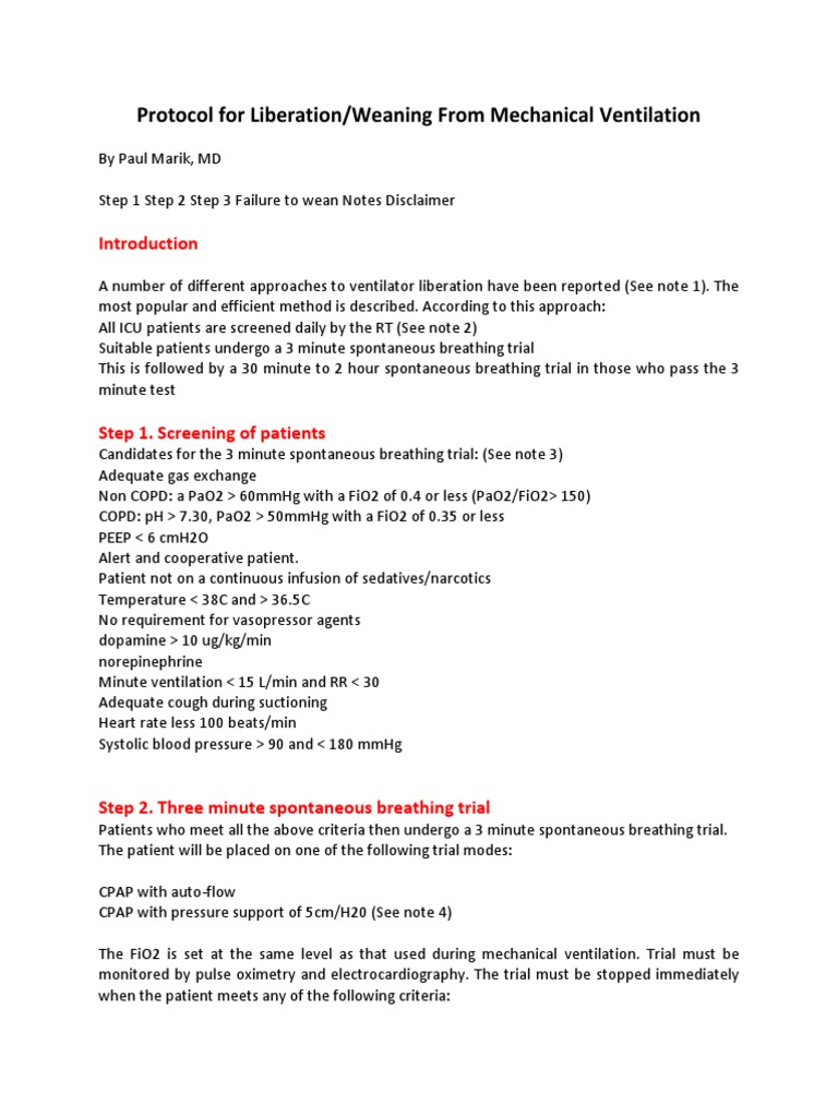 Ventilator Weaning Protocol Overview | PDF | Clinical Medicine ...