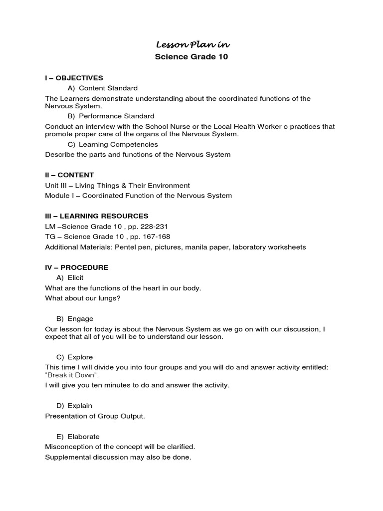 Science Grade 10: Lesson Plan in | PDF | Nerve | Nervous System