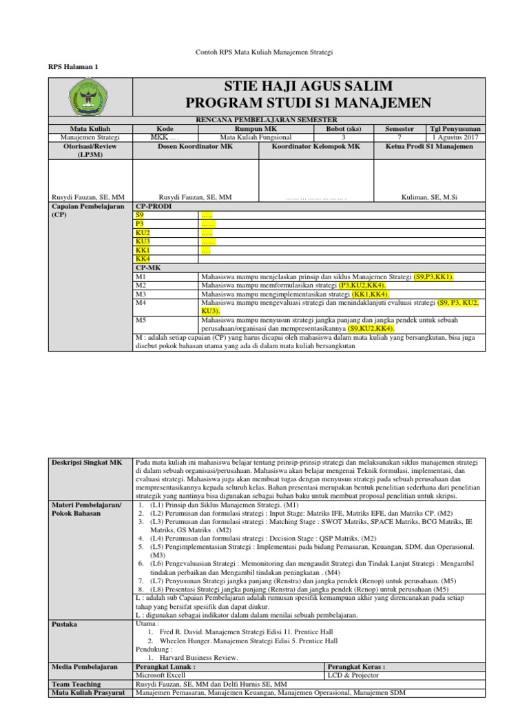 Contoh RPS Manajemen Strategi | PDF | Karier & Perkembangan | Seni