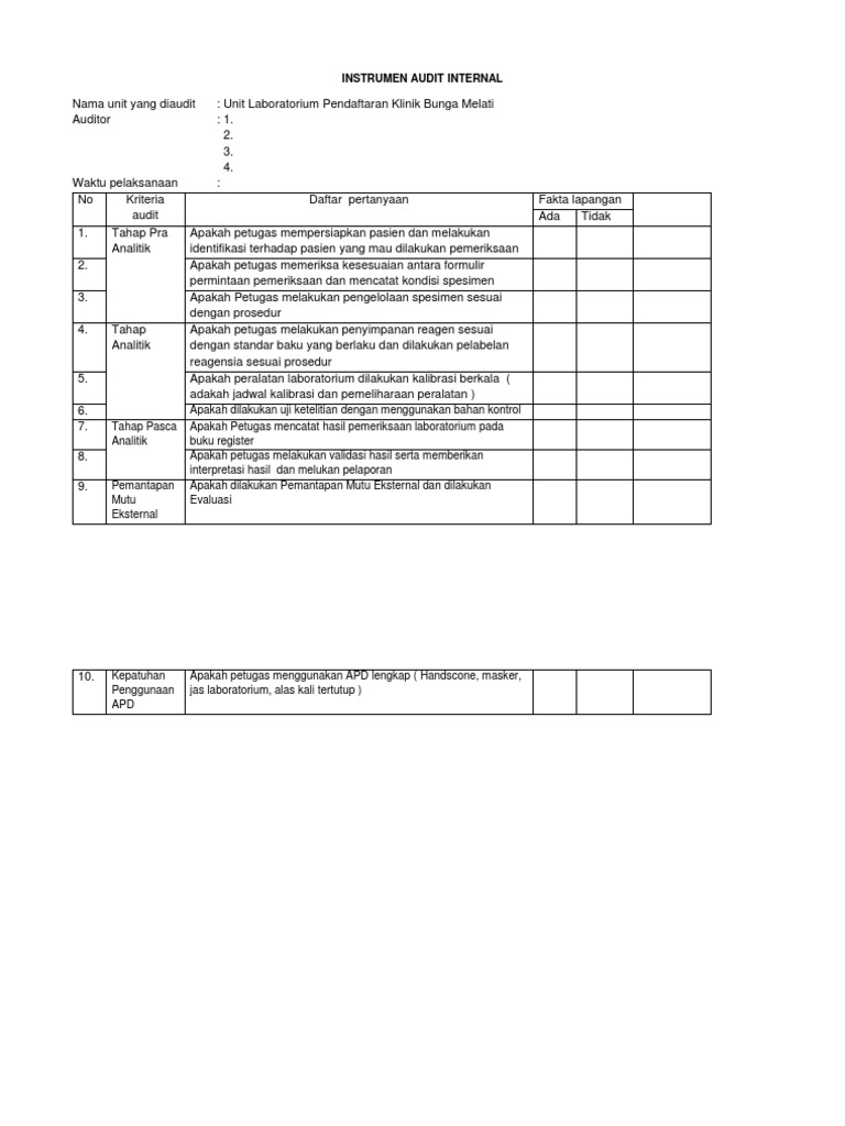 Instrumen Audit Internal Lab 1 | PDF