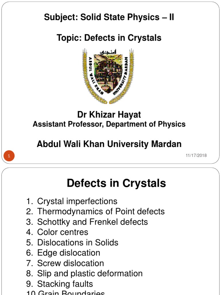 Subject: Solid State Physics - Ii Topic: Defects in Crystals | PDF ...