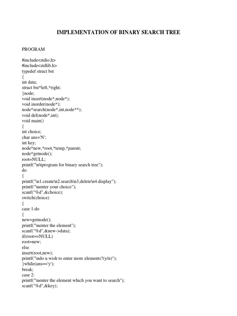 Implementation Of Binary Search Tree Pdf Algorithms And Data Structures Computer Programming