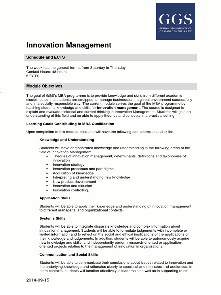 Innovation Management: Schedule and ECTS | PDF | Innovation | Master Of ...