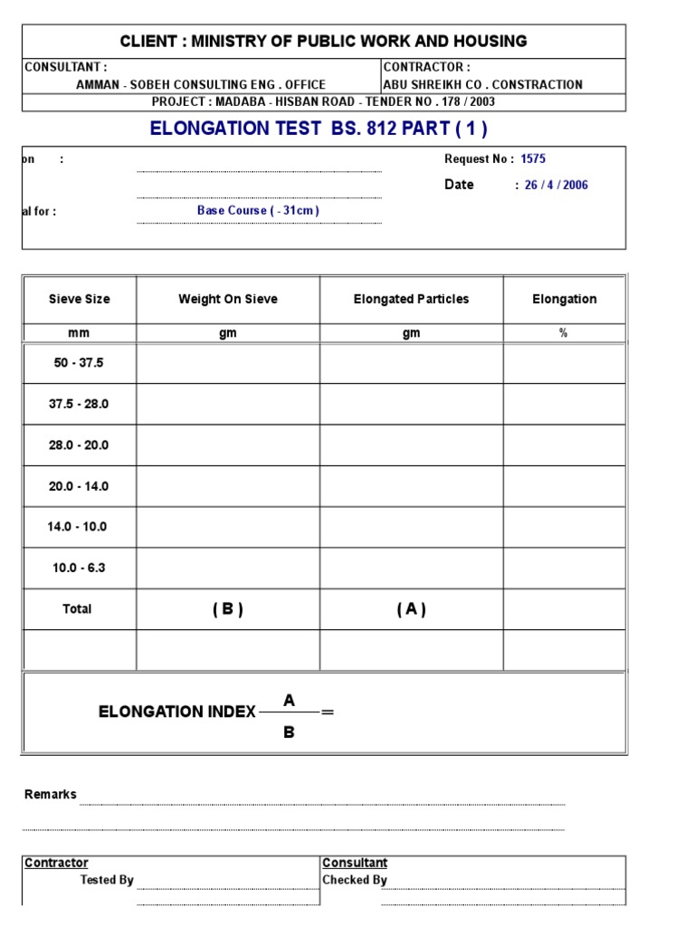 Elongation Test Bs. 812 Part (1) : Client: Ministry of Public Work and ...