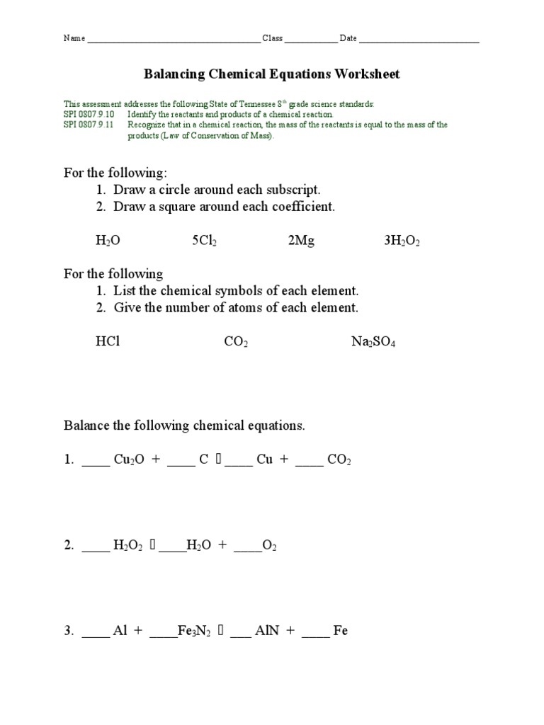 8th Grade Chemical Equations Worksheet | PDF | Chemical Reactions ...