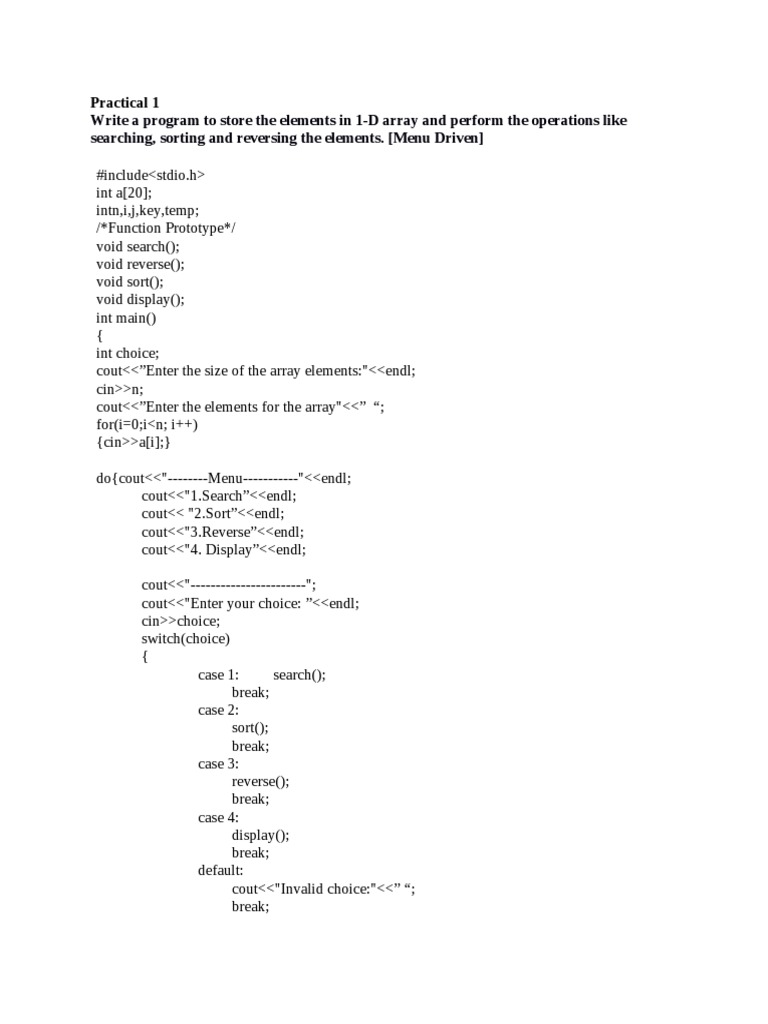 1D Array Operations Menu Driven Program C | PDF | Matrix (Mathematics ...