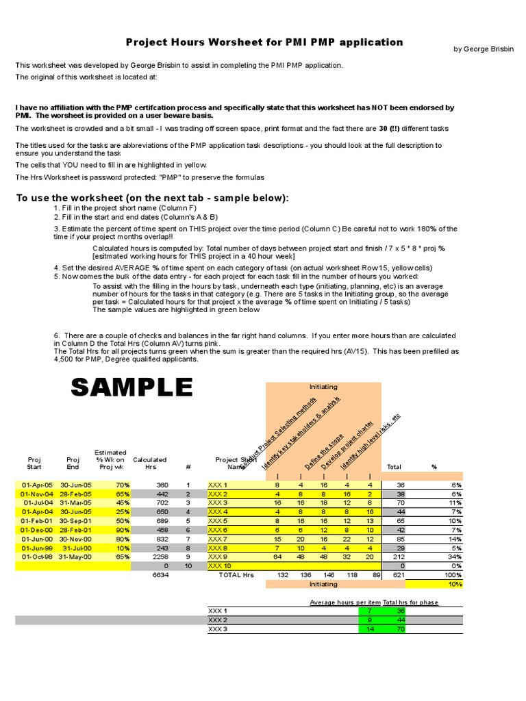Sample: Project Hours Worsheet For PMI PMP Application | Download Free ...