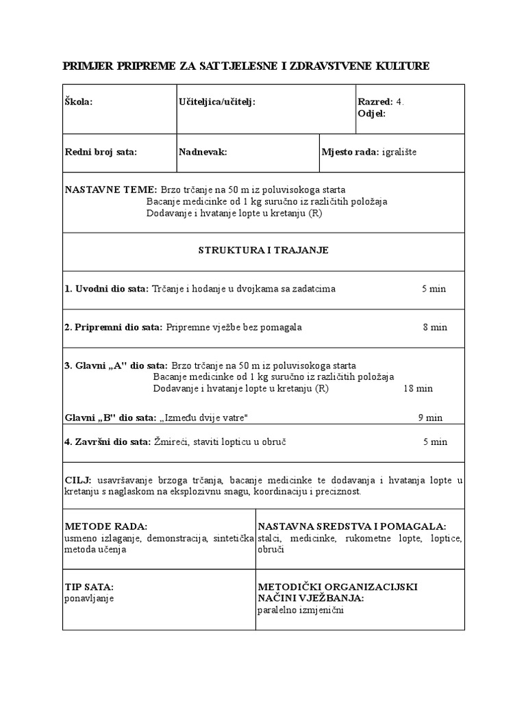 Primjer Pripreme Za Sat TZK | PDF