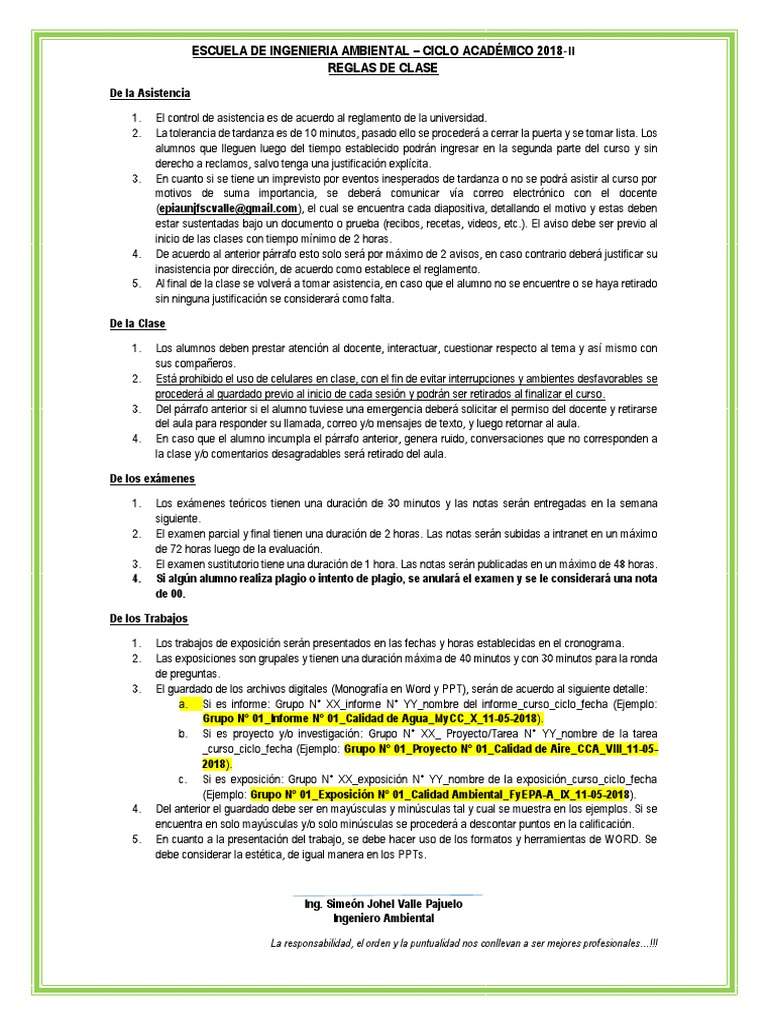 1 Reglas de Clase 2018-II | PDF | Prueba (evaluación) | Estudiantes