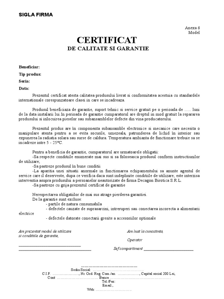 Anexa 6 Model Certificat de Calitate Si Garantie | PDF