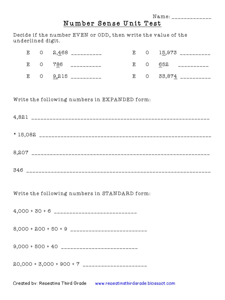 Number Sense Unit Test: Created By: Repeating Third Grade | PDF ...