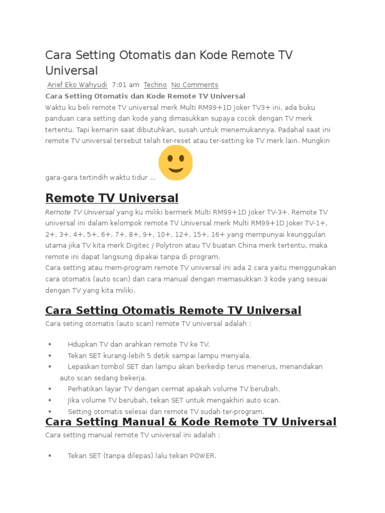 Cara Setting Otomatis Dan Kode Remote TV Universal | PDF