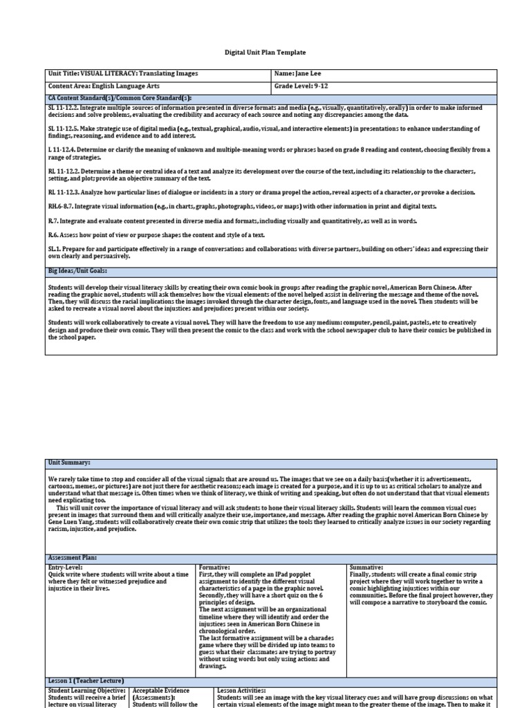Digital Unit Plan Template Unit Title: VISUAL LITERACY: Translating ...