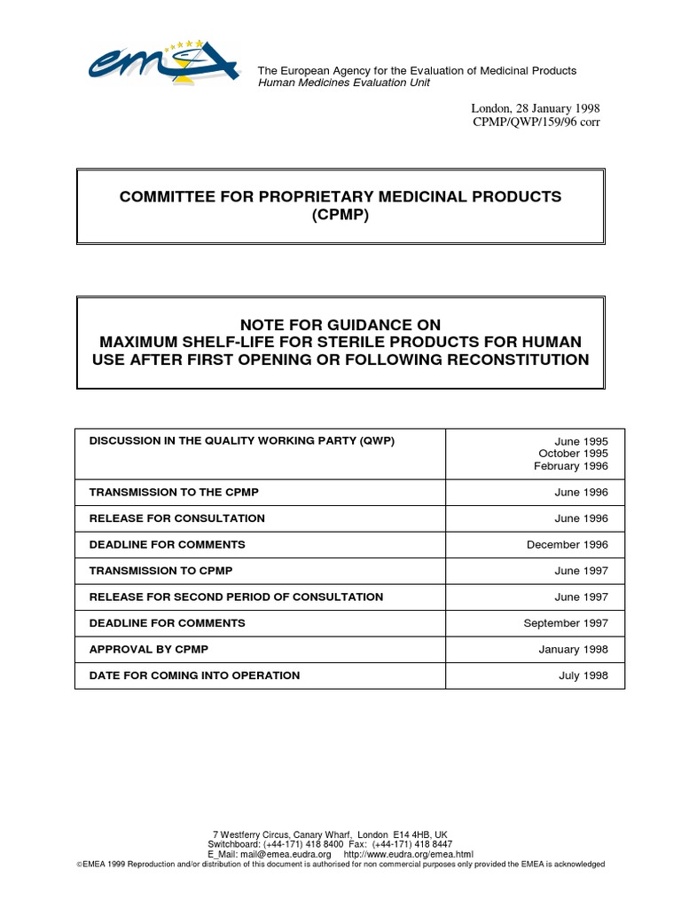 Note Guidance Maximum Shelf Life Sterile Products Human Use After First ...